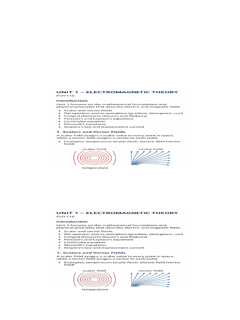 PHY110 Unit1 Electromagnetic Theory | PDF
