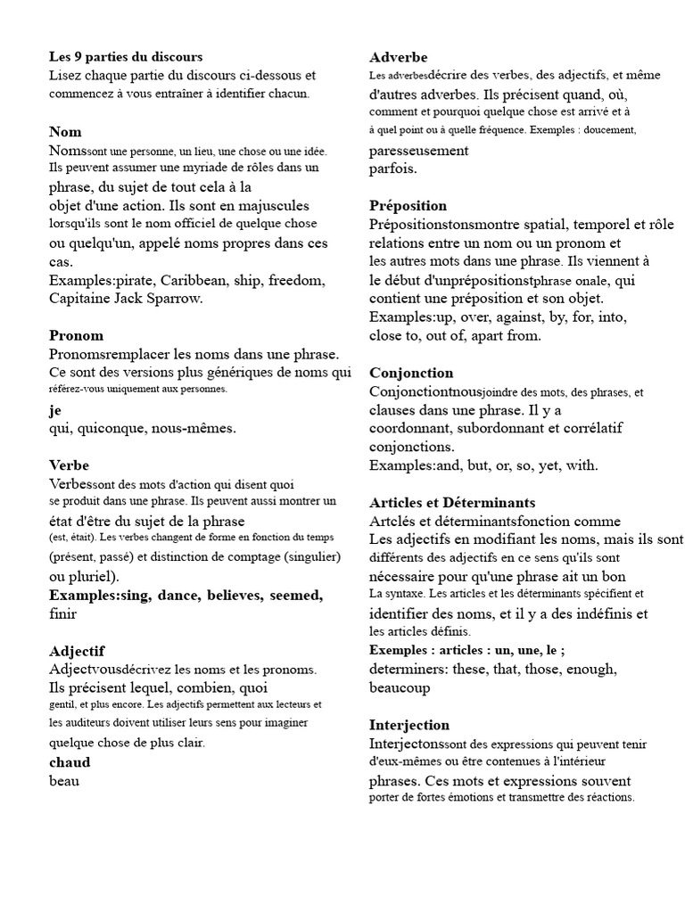 Les 9 Parties Du Discours | PDF | Nature (grammaire) | Phrase