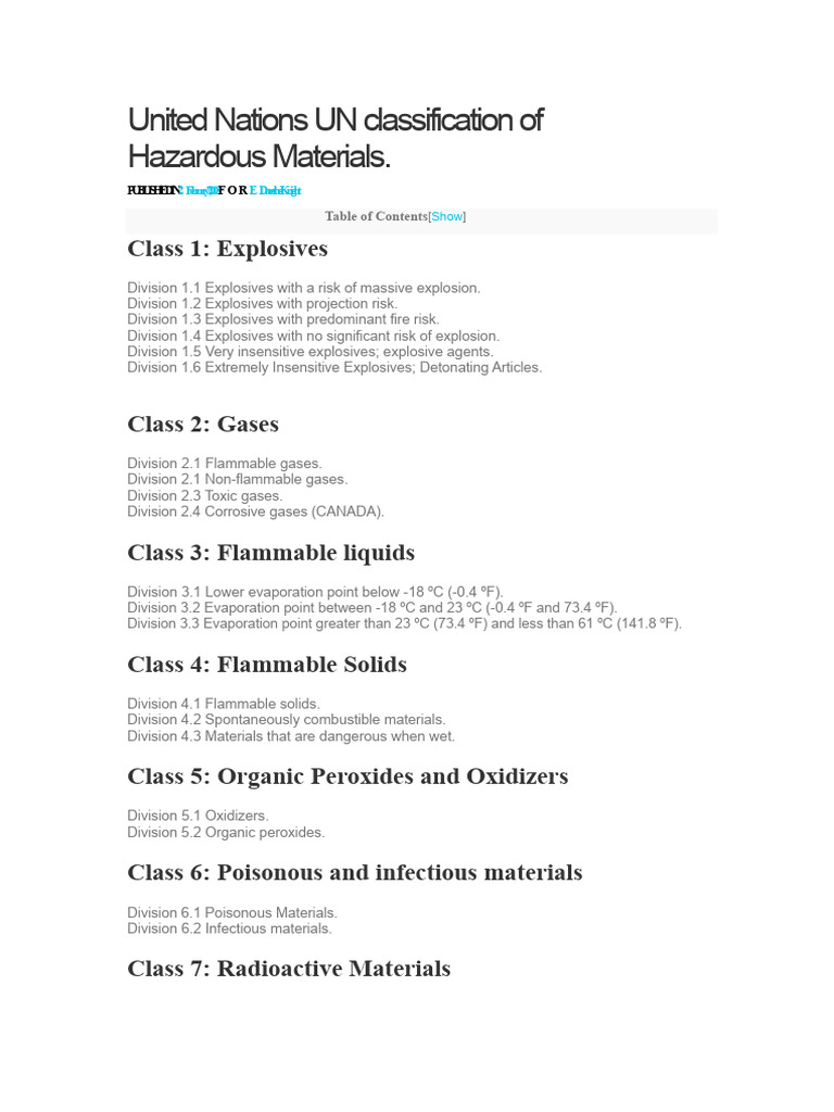 United Nations UN Classification of Dangerous Materials | PDF