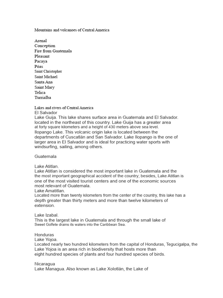 Mountains and Volcanoes of Central America, Rivers and Lakes ...