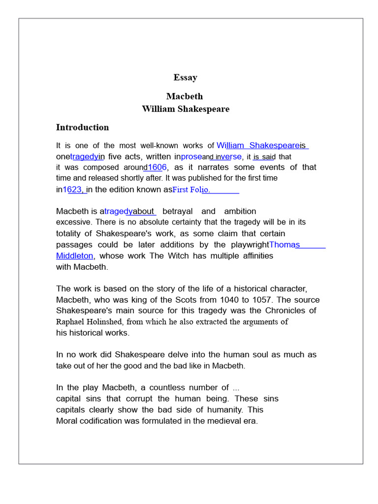 Essay On Macbeth by William Shakespeare | PDF | Macbeth | William ...