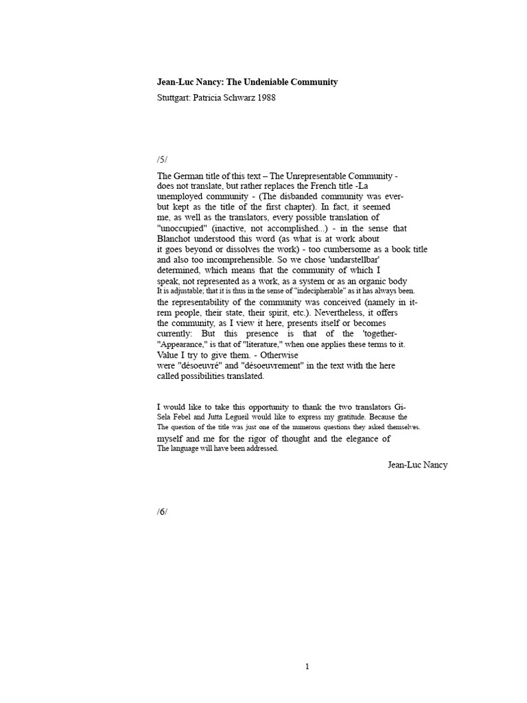 Nancy, Jean-Luc - The Unrepresentable Community (Stuttgart 1988 ...