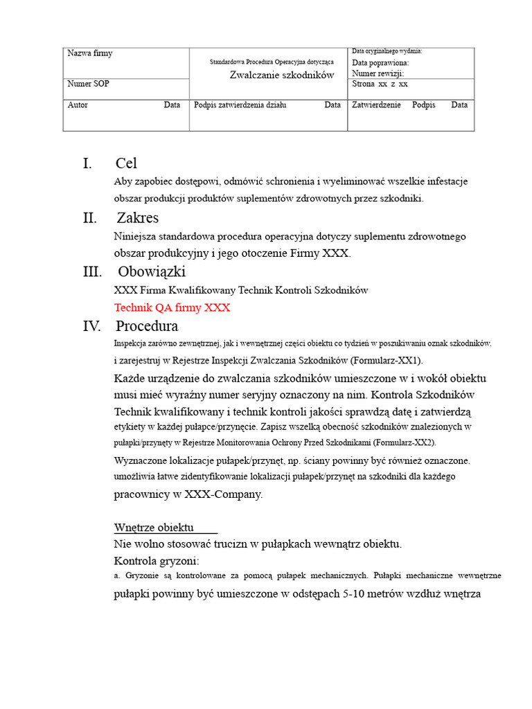 Szkolenie ASEAN TMHS GMP Rozdział 4 Aneks 7 Przykładowa SOP Dotycząca Kontroli Szkodników | PDF