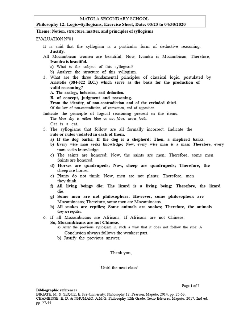 Syllogism Exercises for Philosophy 12 | PDF | Logic | Reason