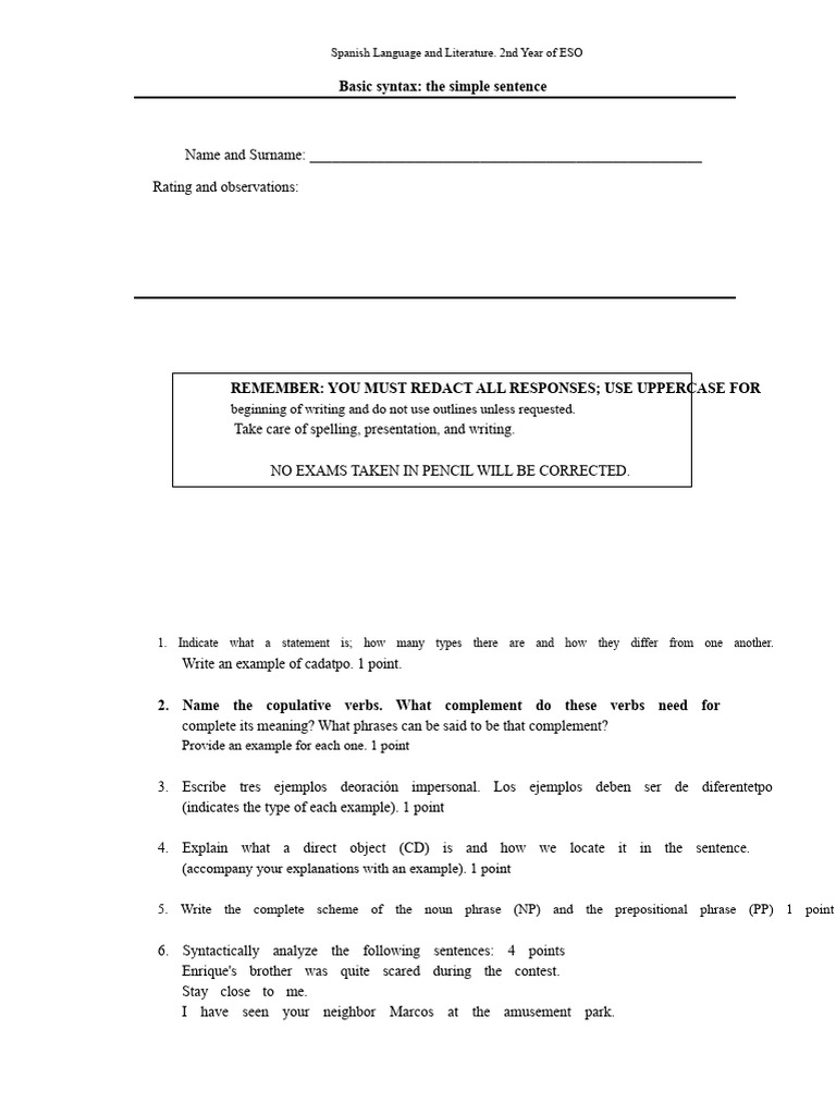 Syntax Exercises 2nd ESO | PDF