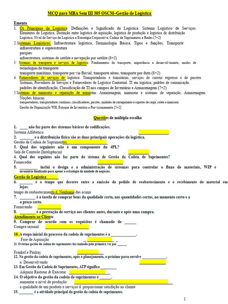 Mcq para Mba III 305 Oscm Logística | PDF | Cadeia de suprimentos | Logística