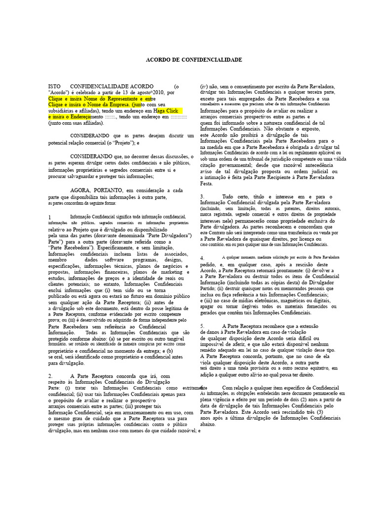 Modelo de NDA (Português) | PDF | Informação | Patente