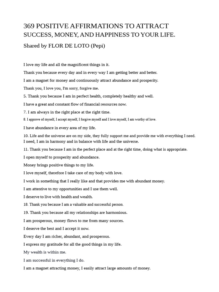 369 Affirmations for Wealth and Abundance | PDF | Happiness | Wealth