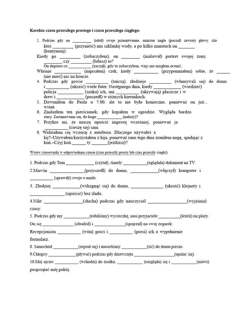 Rewizja Czasu Przeszłego Prostego I Czasu Przeszłego Ciągłego | PDF