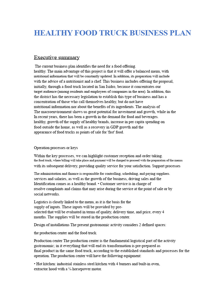 Healthy Food Truck Business Plan | PDF | Menu | Kitchen