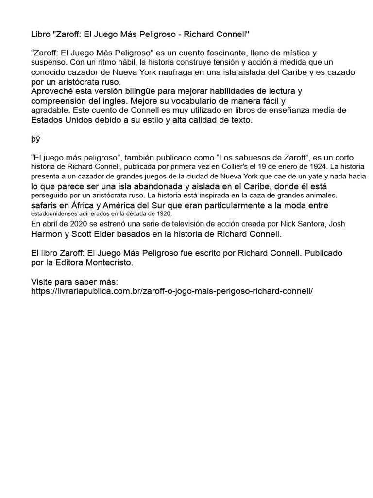 Zaroff - El Juego Más Peligroso - Richard Connell | PDF
