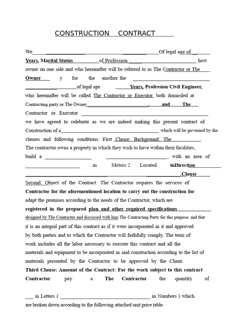 Construction Contract Agreement Template | PDF | Breach Of Contract ...