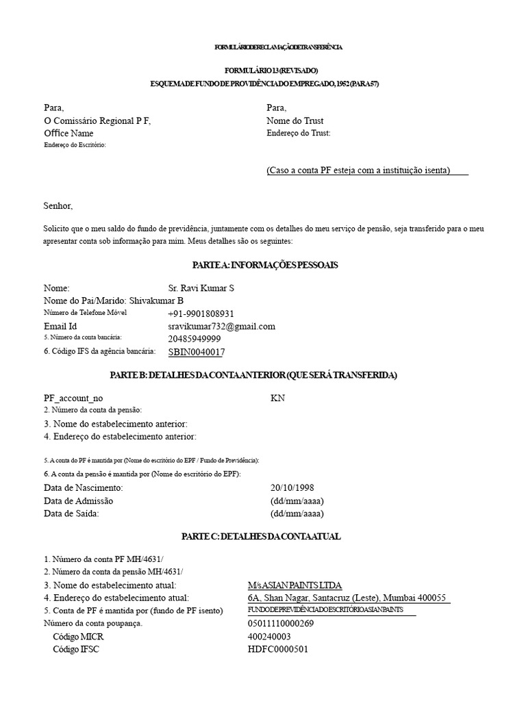 Formulário de Transferência de Previdência | PDF