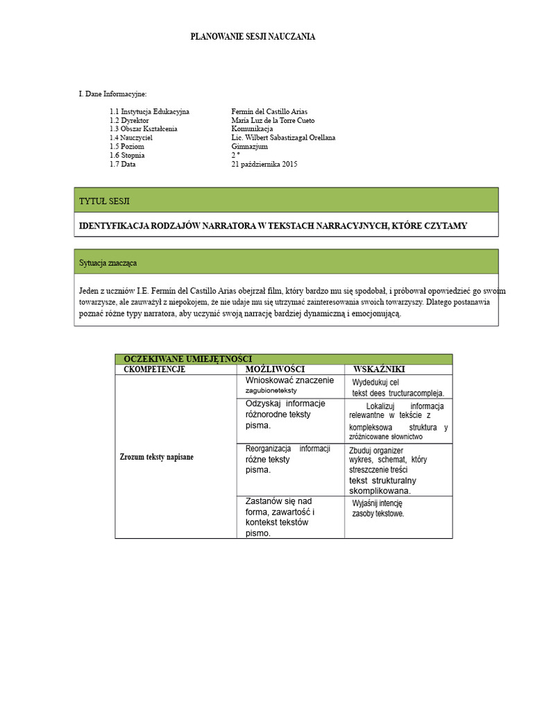 Sesja Nauczania Rodzaje Narratora | PDF