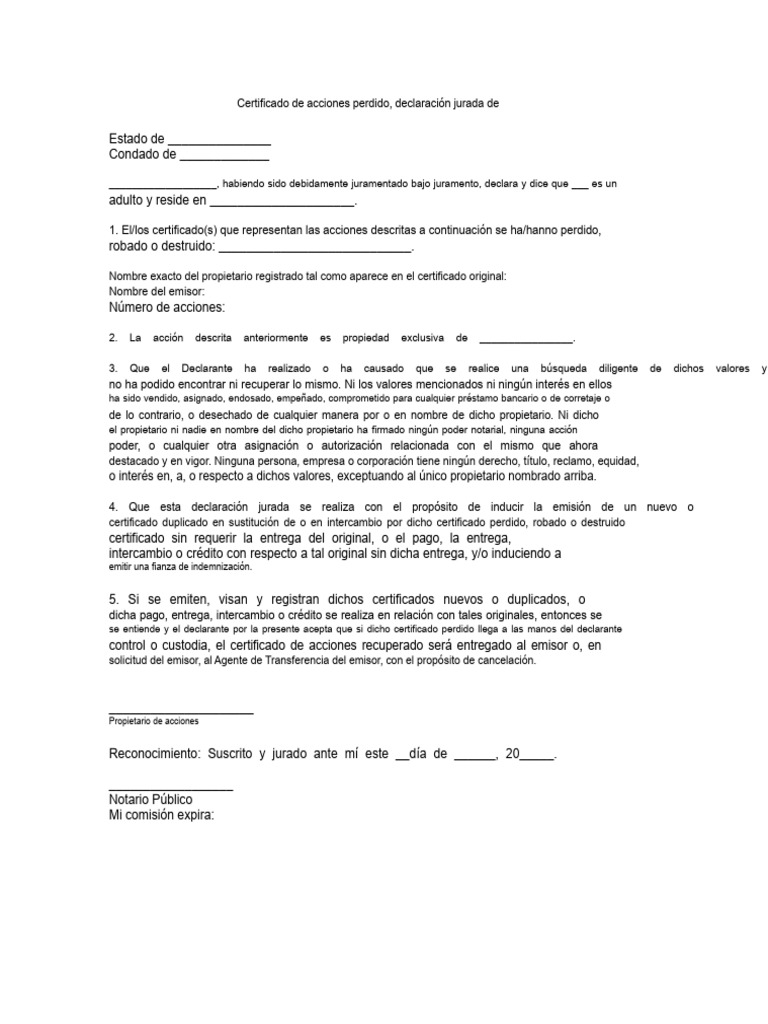 Certificado de Acciones Perdido | PDF | Compartir (Finanzas)