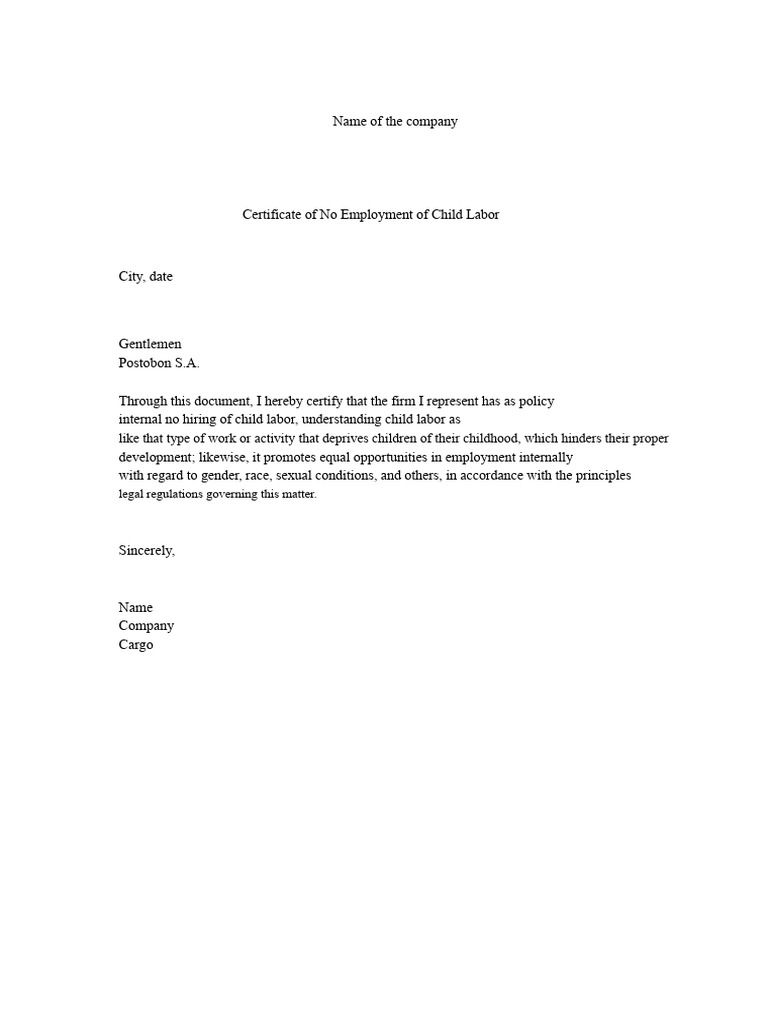 Certificate of Non-Employment of Child Labor | PDF