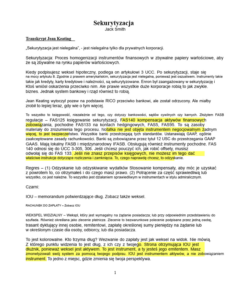 Sekurytyzacja Jest Nielegalna - Transkrypcja Jean Keating | PDF