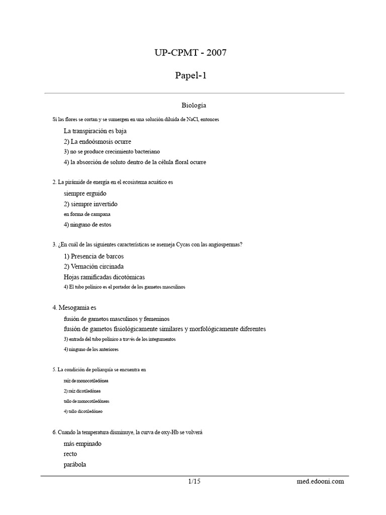 UPCPMT Papel de Muestra-9 - (CPMT - Papel-1 - 2007) | PDF | Biología | Plantas