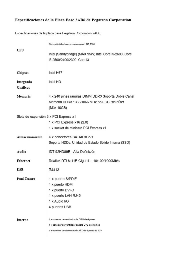 Especificaciones de La Placa Base Pegatron Corporation 2AB6 | PDF