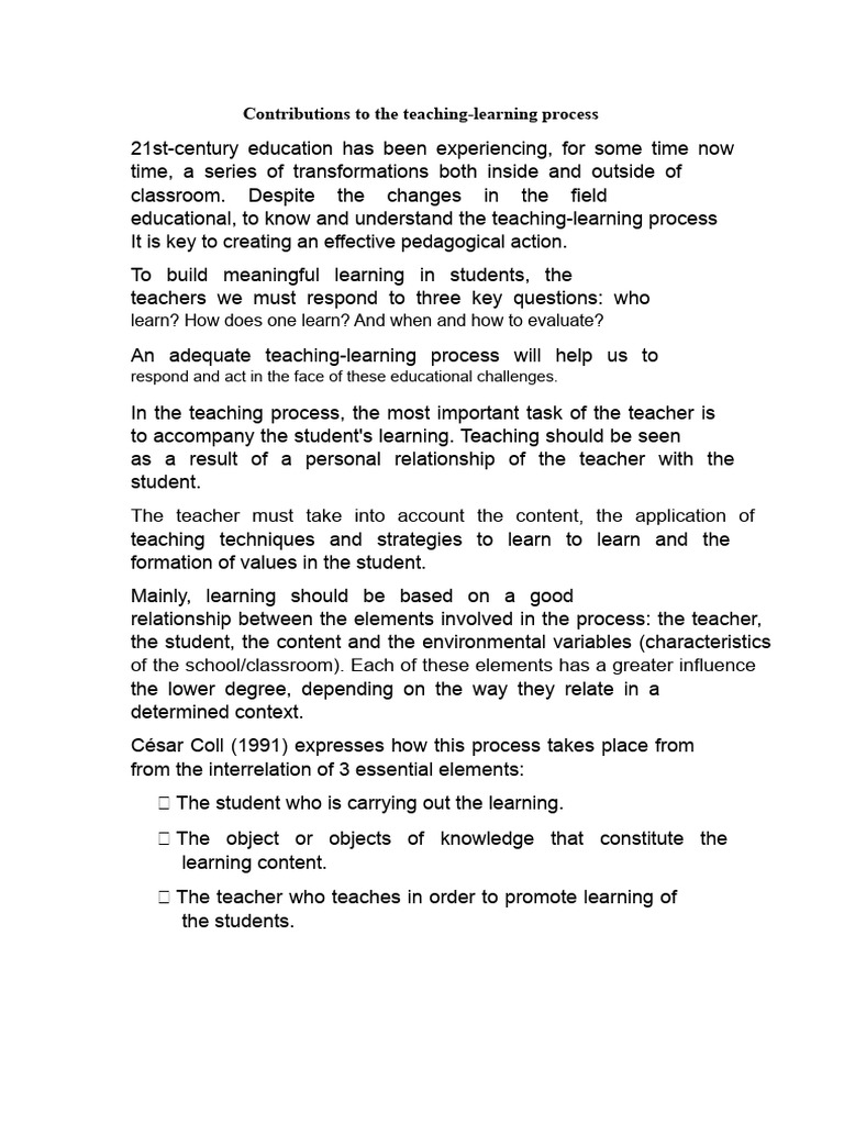 Contributions To The Teaching-Learning Process | PDF | Teachers | Knowledge