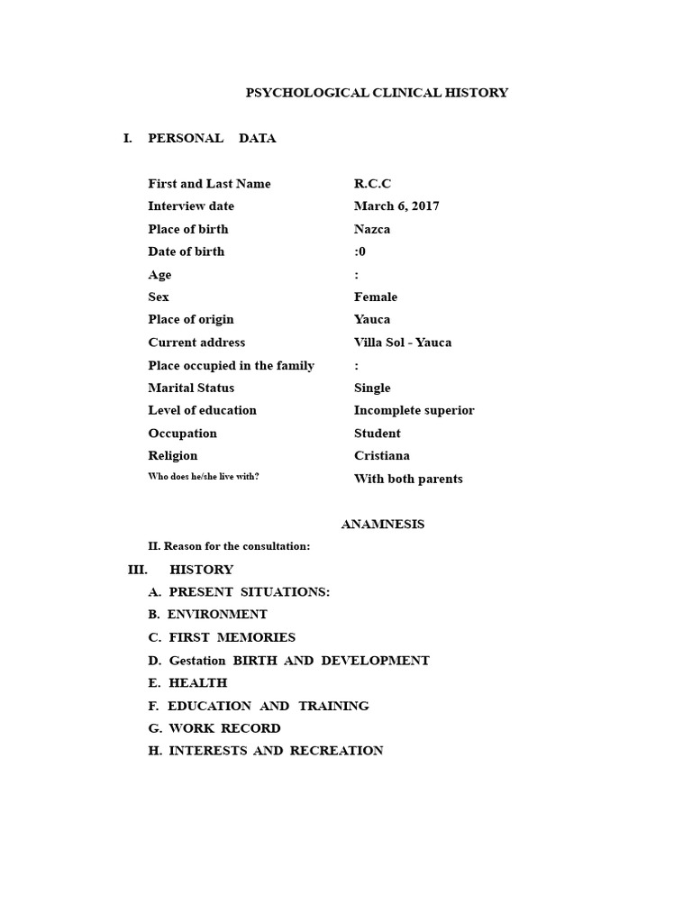 Psychological Clinical History Report | PDF | Psychotherapy | Psychology