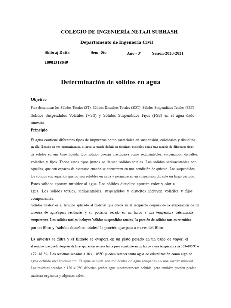 Determinación de Sólidos en El Agua | PDF | Agua | Sólido