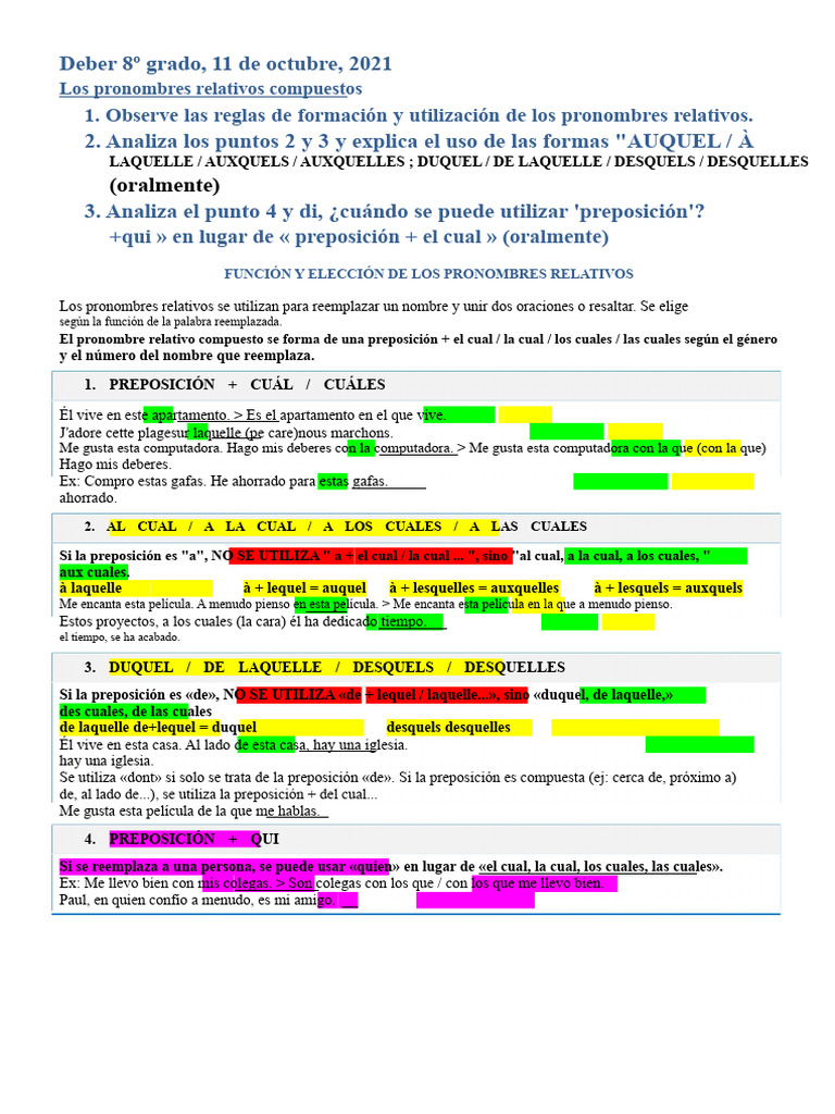 Gramática Pronombres relativos compuestos Ejercicio | PDF