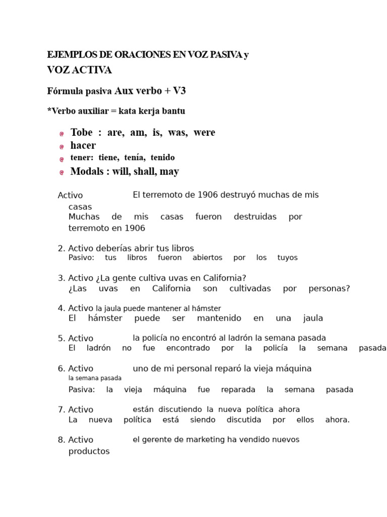 Ejercicio de Oraciones en Voz Pasiva y Voz Activa. | PDF