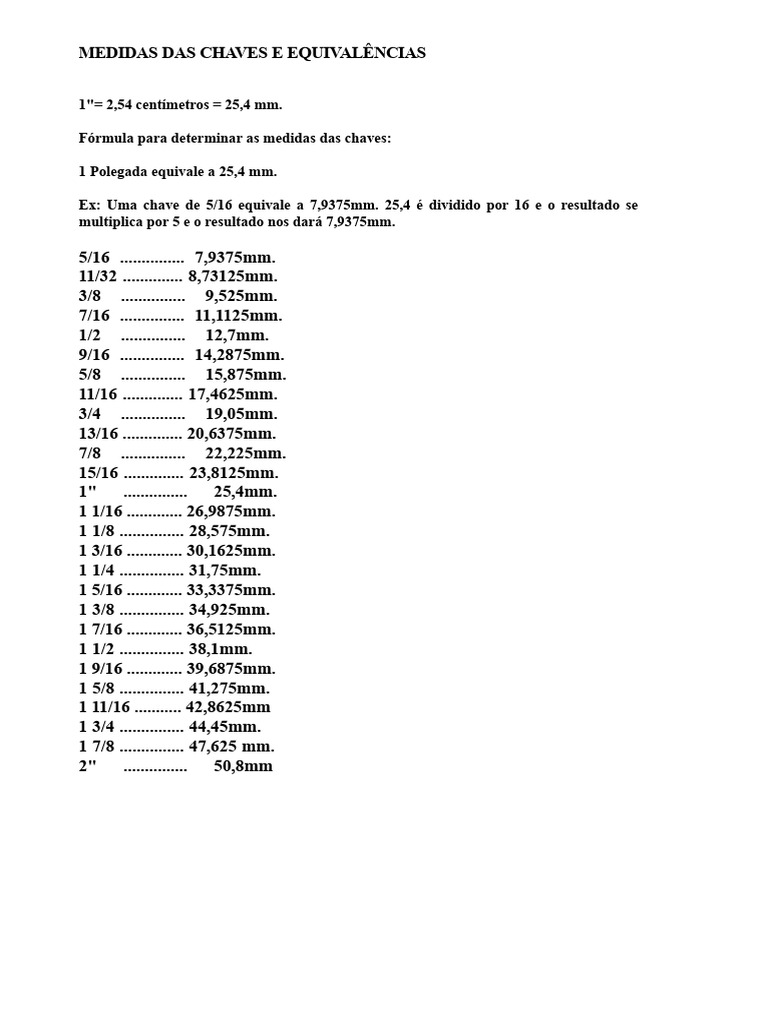 Equivalências Chaves Polegadas A Milímetros | PDF