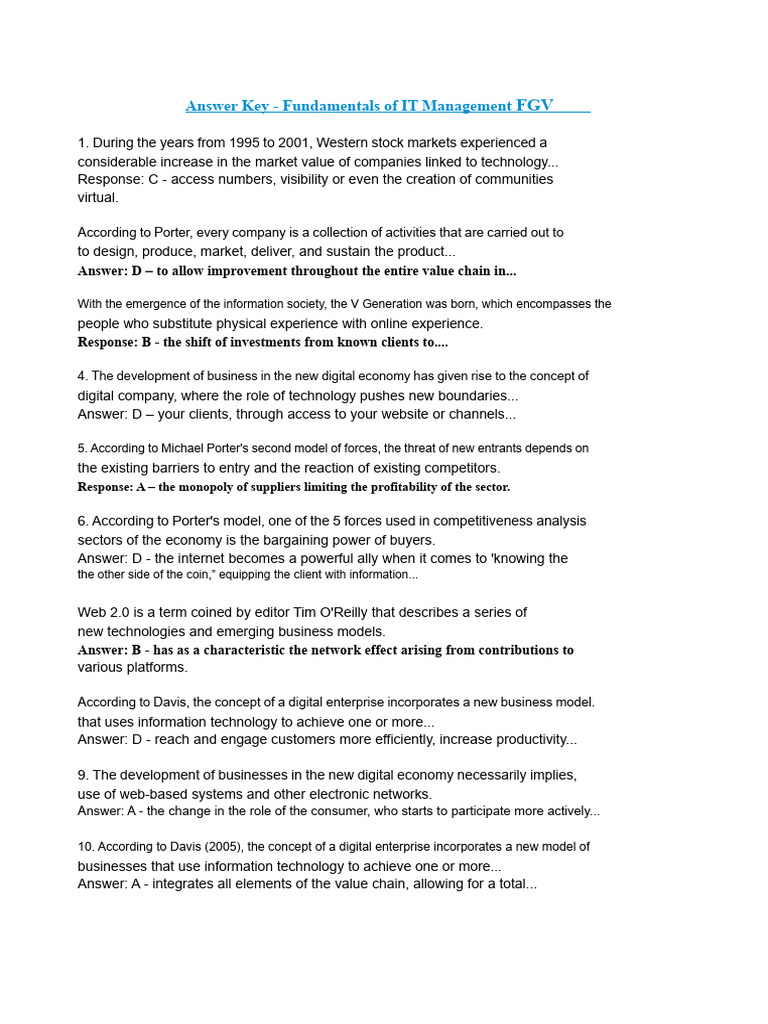 ANSWER KEY - FGV - Fundamentals of IT Management | PDF