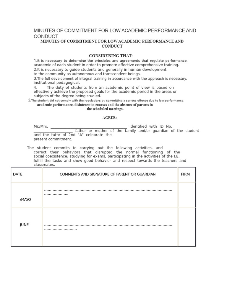 Commitment Agreement for Academic Improvement | PDF | Teachers
