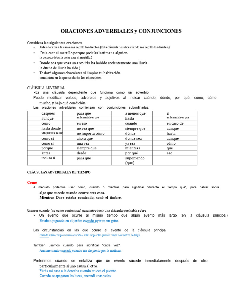 Cláusulas Adverbiales y Conjunciones | PDF | Adverbio | Oración ...