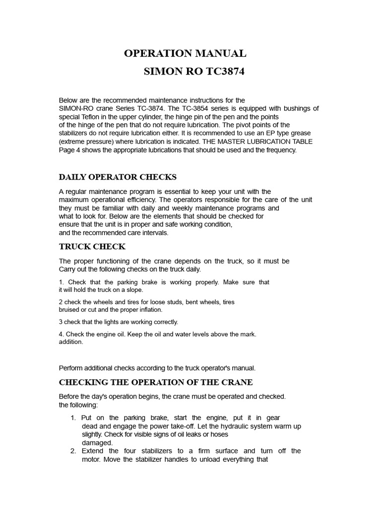 SIMON-RO TC3874 Crane Maintenance Guide | PDF | Pump | Crane (Machine)