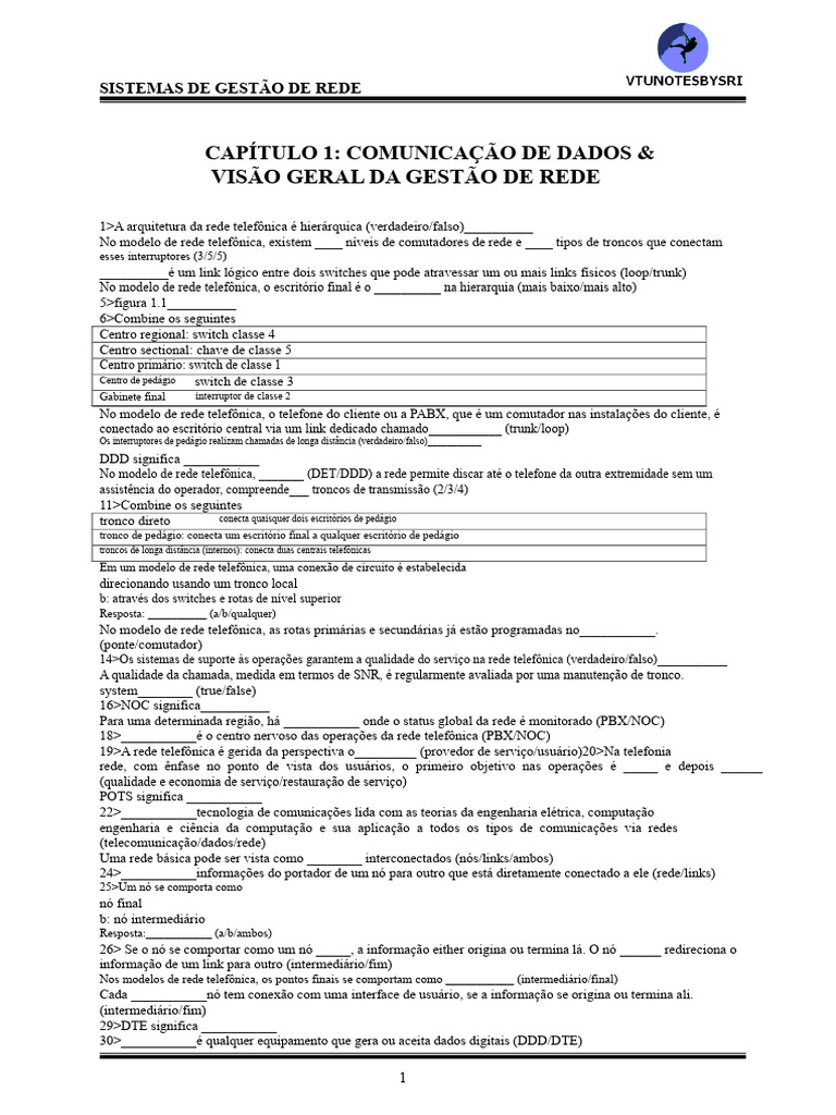 QUESTÕES DE MÚLTIPLA ESCOLHA COM RESPOSTAS SOBRE SISTEMAS DE GESTÃO DE REDE | PDF | Rede de ...