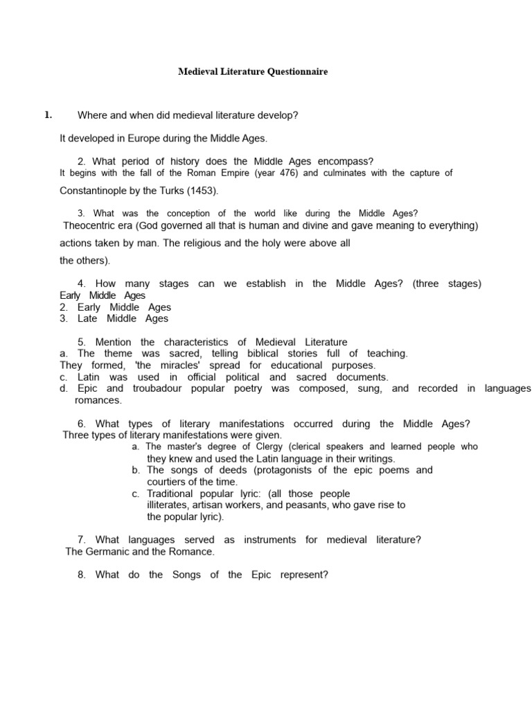 Medieval Literature Questionnaire | PDF | Medieval Literature | Middle Ages