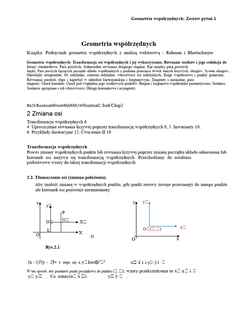 Geometria Współrzędnych: Transformacja Osi - Zestaw Pytań | PDF