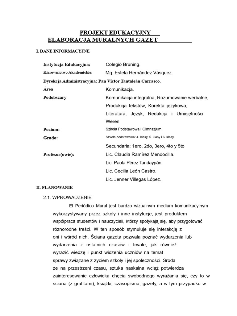 Projekt Edukacyjny Tworzenie Gazet Muralnych | PDF
