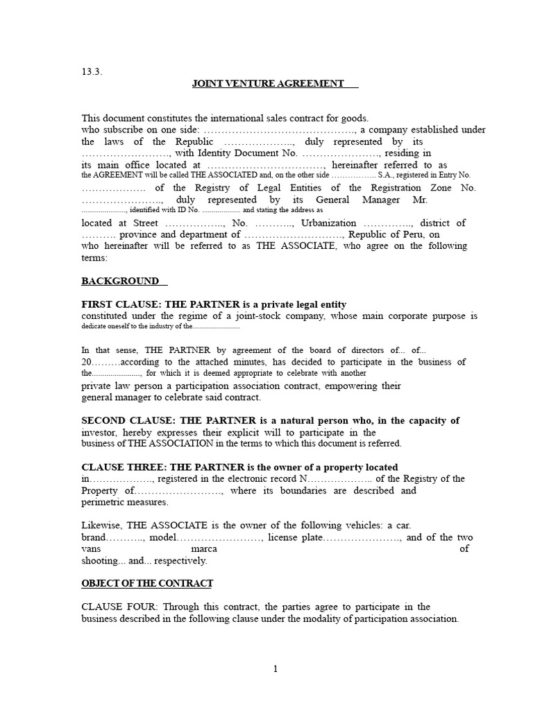 Joint Venture Agreement for International Sales | PDF | Joint Venture ...