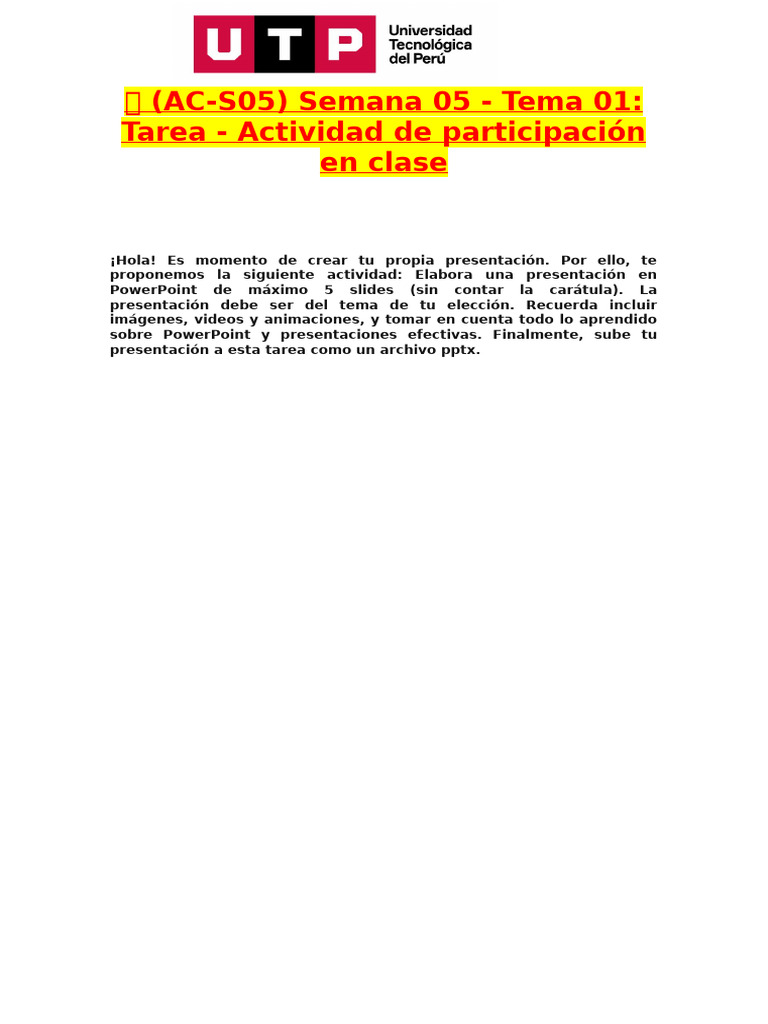 ? (AC-S05) Semana 05 - Tema 01 Tarea - Actividad de Participación en Clase (Tecnologias Del ...