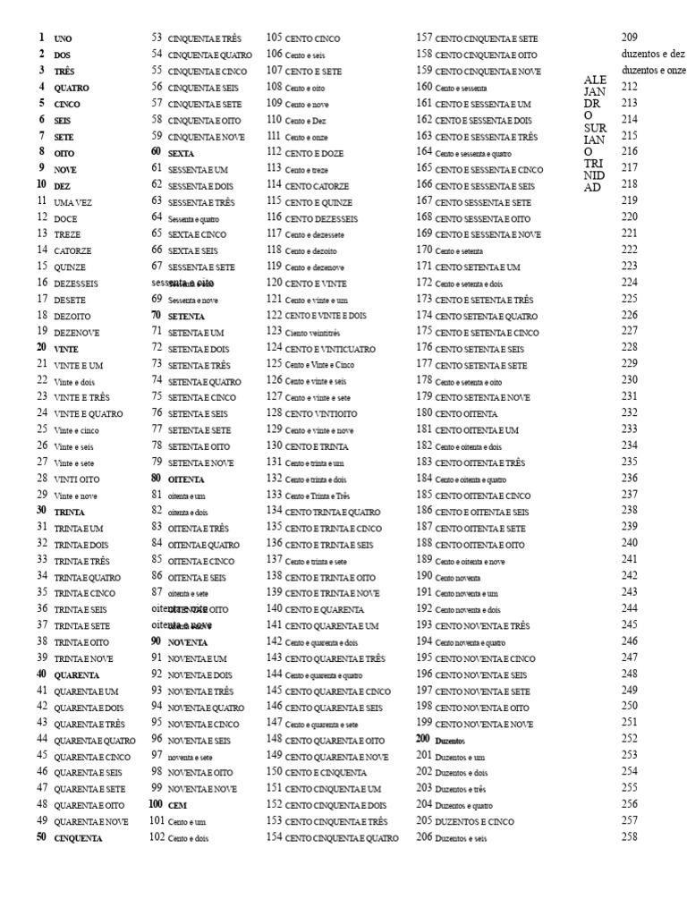 Números de 1 a 400 em Português | PDF