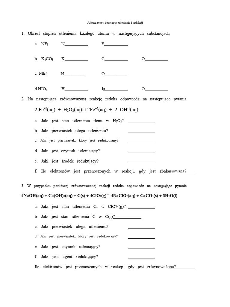 Chem 200-Oksydacja-Rezysycja-Arkusz | PDF
