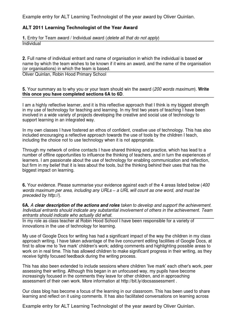 ALT Application Oliver Quinlan | PDF | Educational Technology | Learning