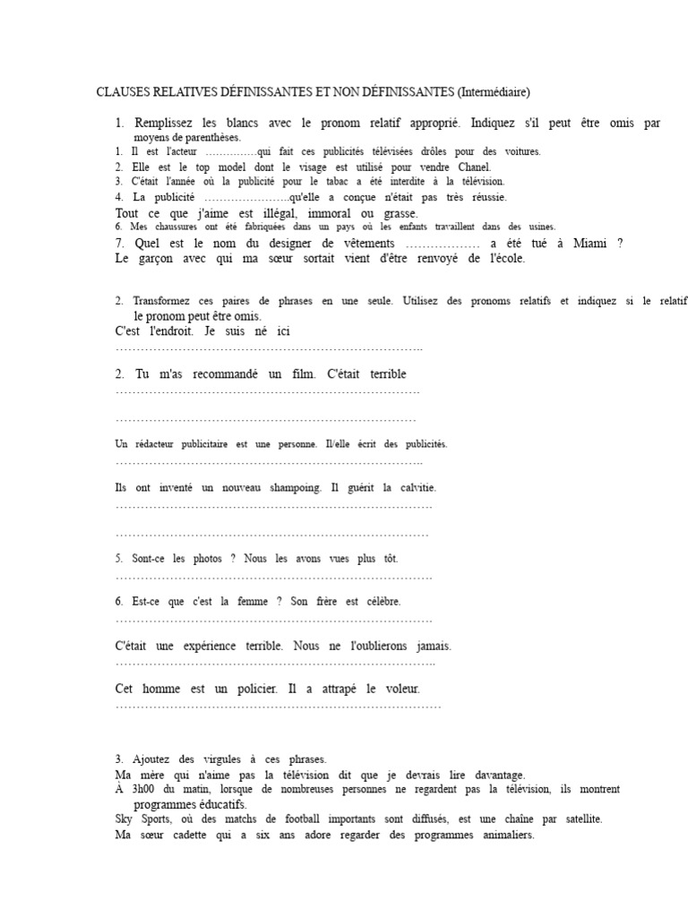 Exercices sur les clauses relatives | PDF