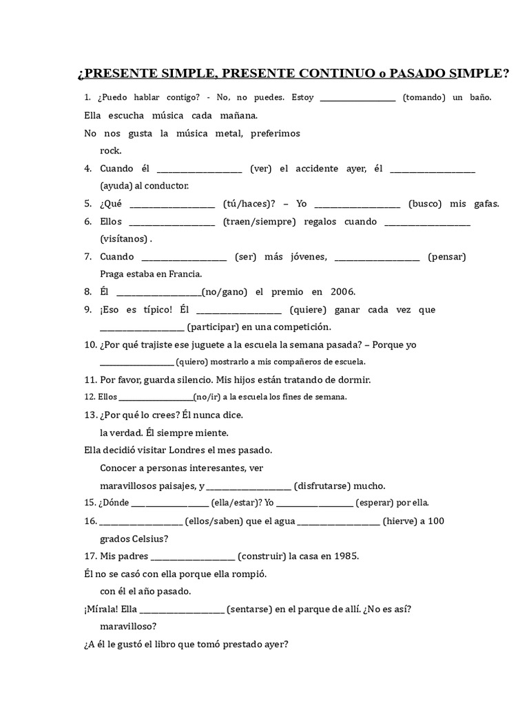 Ejercicios de Gramática Del Presente Simple, Presente Continuo y Pasado ...