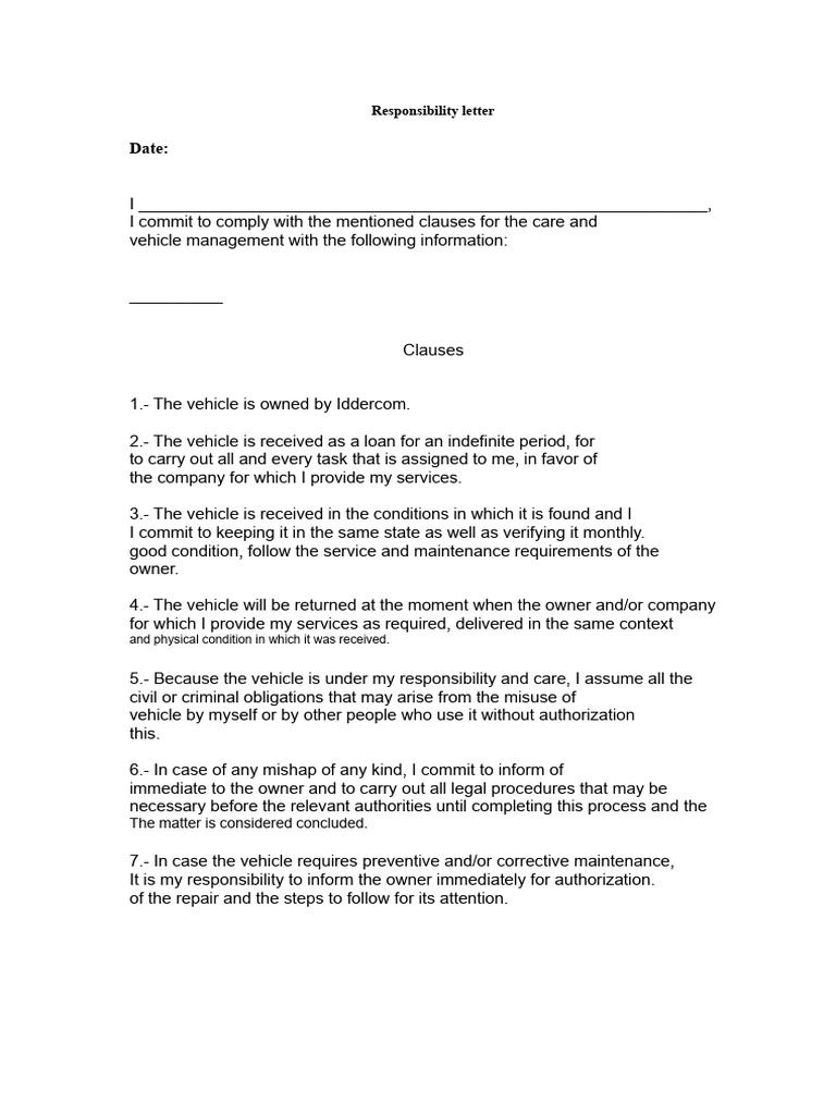 Responsibility Letter Regarding Vehicles | PDF | Insurance | Driver's ...