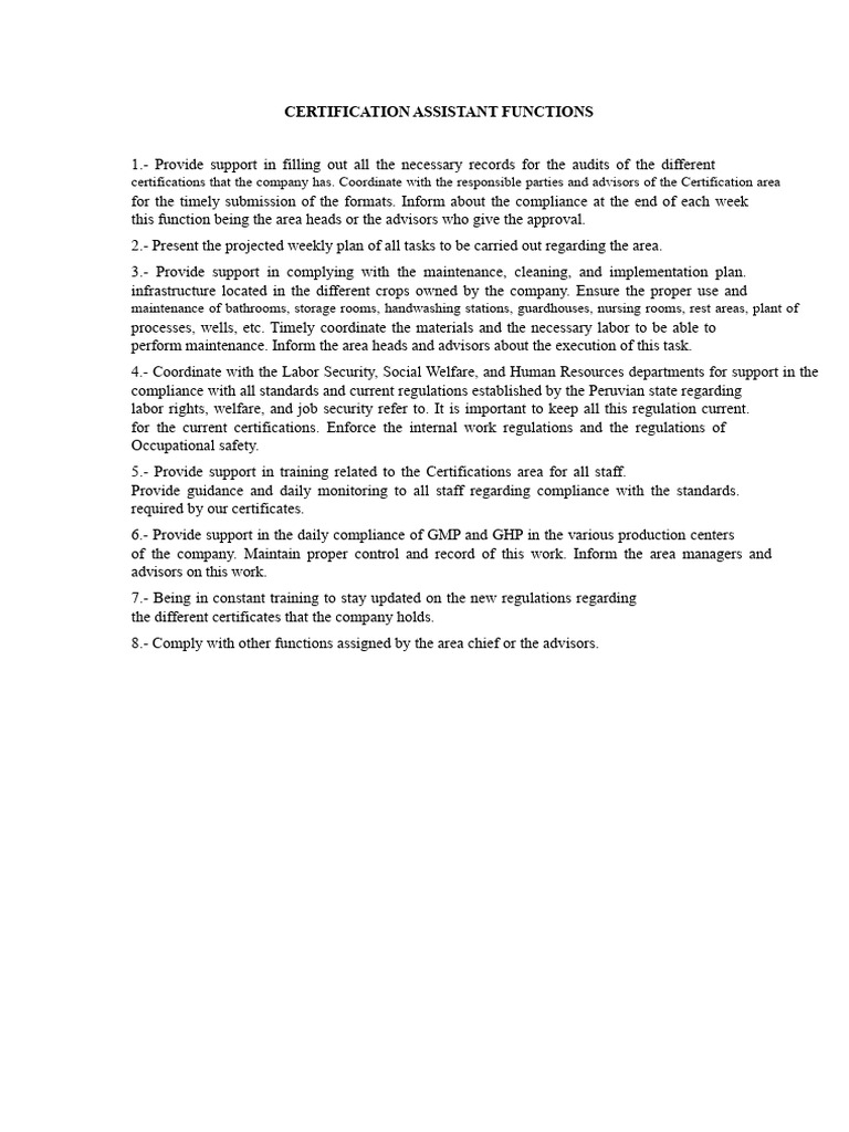 Certification Assistant Duties Overview | PDF