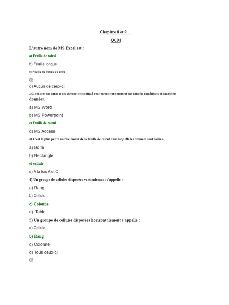 Classe 7 QCM Excel | PDF | Microsoft Excel | Feuille de calcul