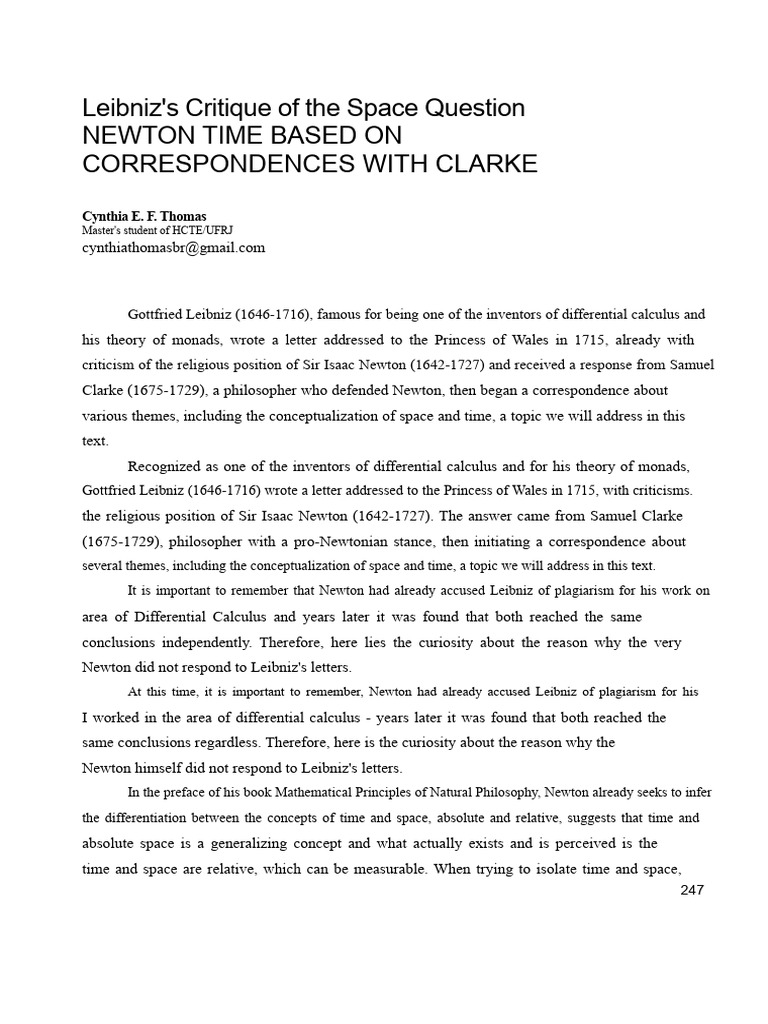 Leibniz's Critique of Newton's Space-Time Question Based On ...