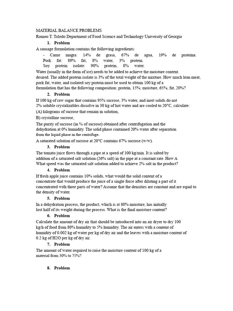 Material Balance Problems in Food Science | PDF | Sugarcane | Fruit ...