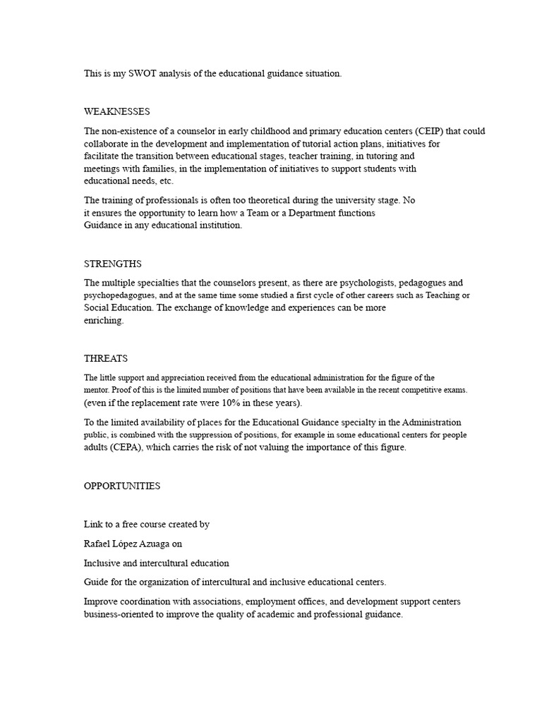 This Is My SWOT Analysis of The Educational Guidance Situation. | PDF | Swot Analysis ...